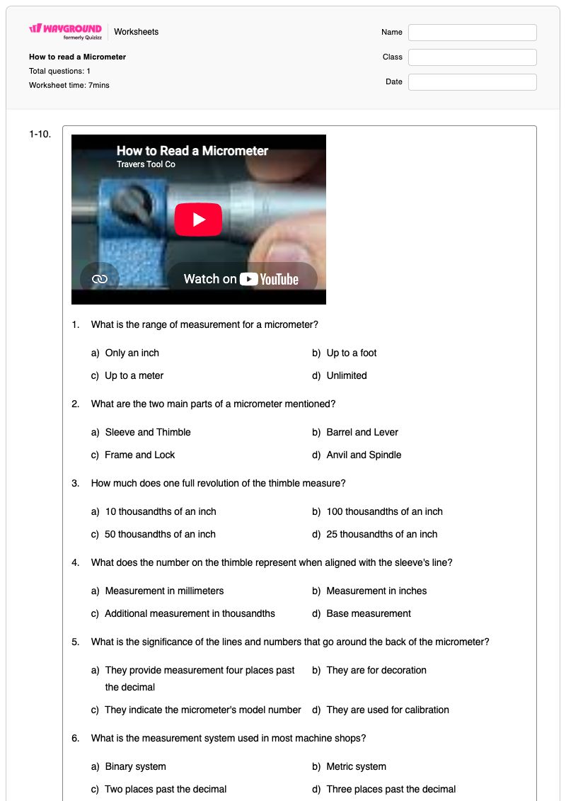 How to read a Micrometer - Free Printable Worksheet | Wayground